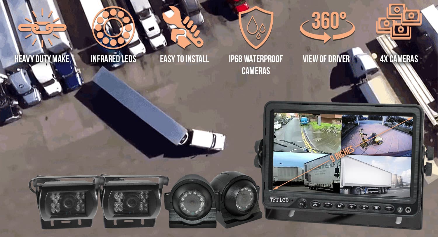 Quadscreen 9" DVR 4 Camera Package Kit 360 View Reversing Forward Side ...