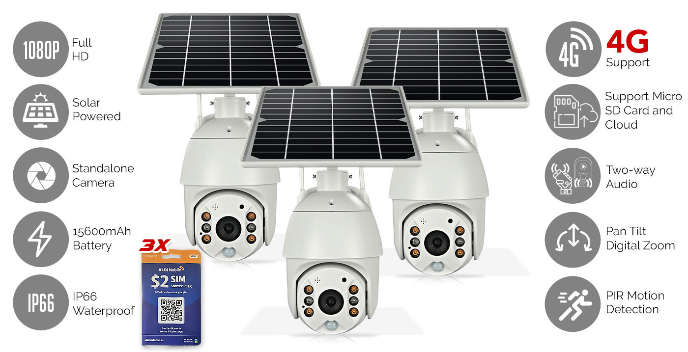 Elinz Wireless Solar Security 4G IP 1080P PTZ Camera CCTV Waterproof ...